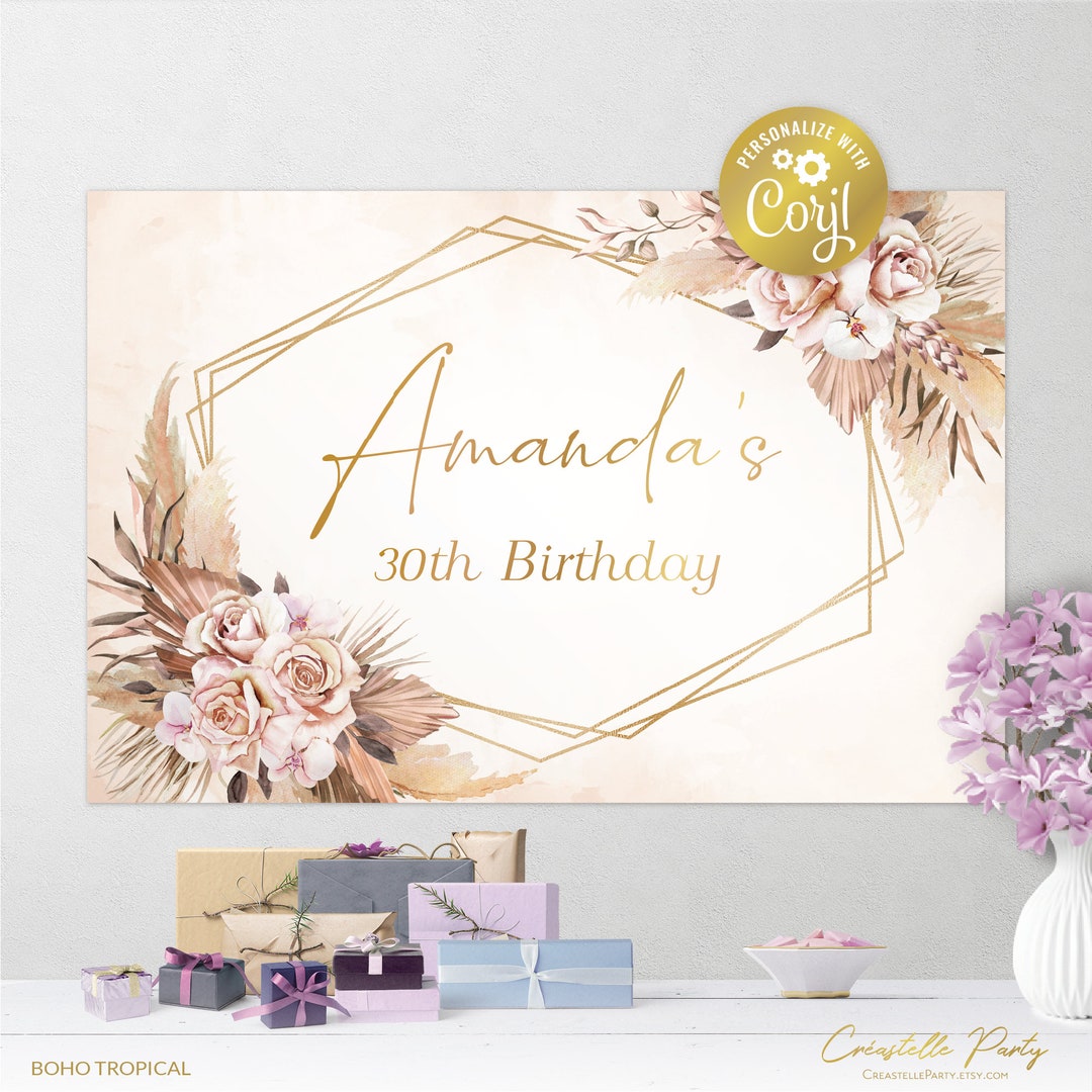 Editable Boho Tropical Backdrop File, Pampas Grass Party Poster, Desert ...