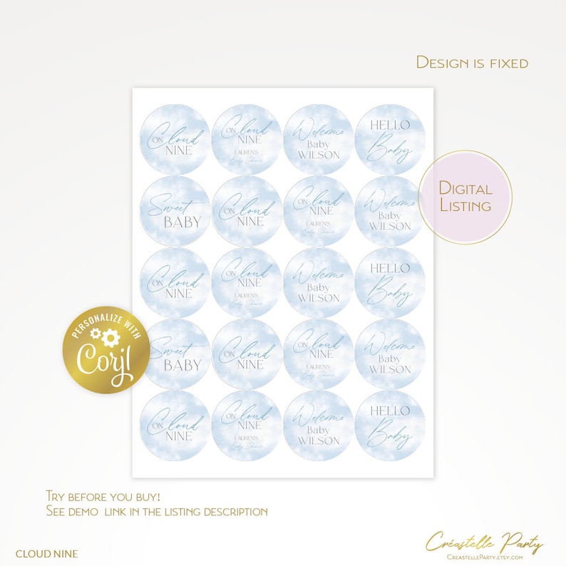 Cloud Nine Editable Cupcake Toppers, Sky Baby Shower Label, Gender ...
