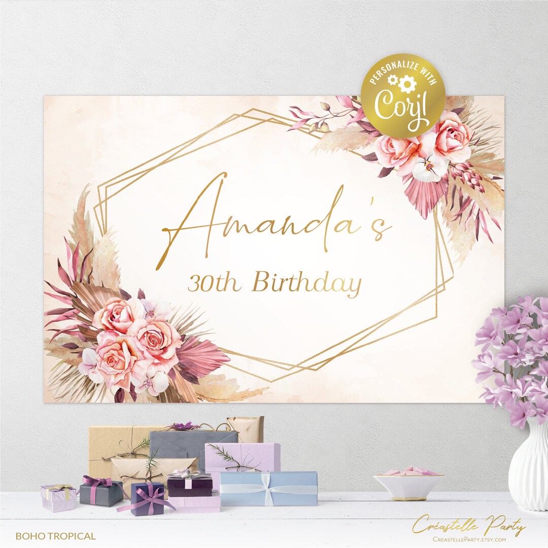 Editable Boho Tropical Backdrop File, Pampas Grass Party Poster, Desert ...