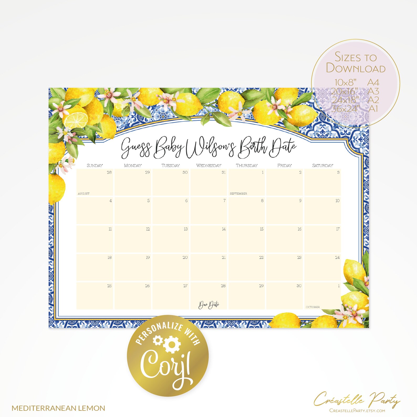 Mediterranean Lemon Due Date Calendar Sign Guess the Arrival - Etsy