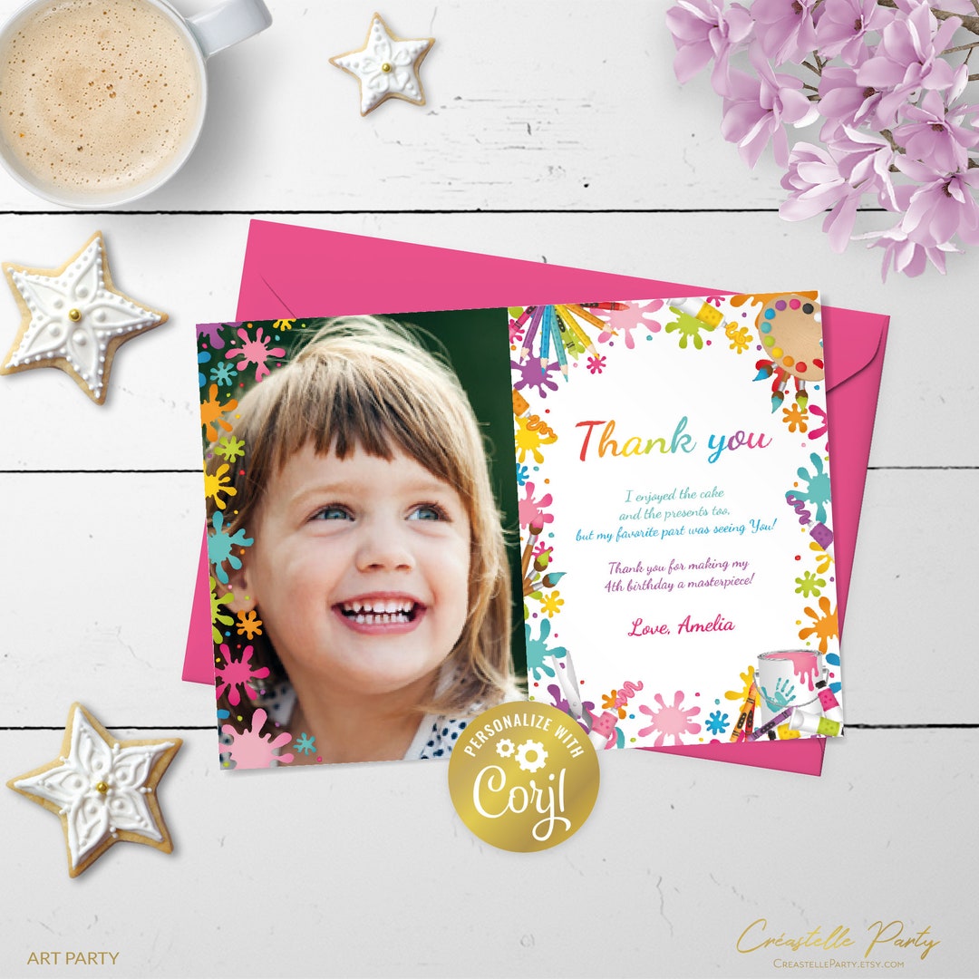 Art Party Editable Thank You Card, Painting Party Digital Party Photo ...