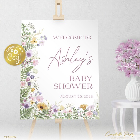 Meadow welcome sign, delicate wild flowers editable sign, watercolor ...