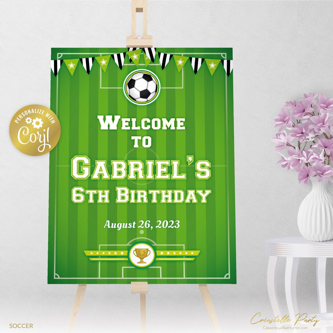 Soccer Field Welcome Sign, Green Football Party Editable Sign, Sport ...