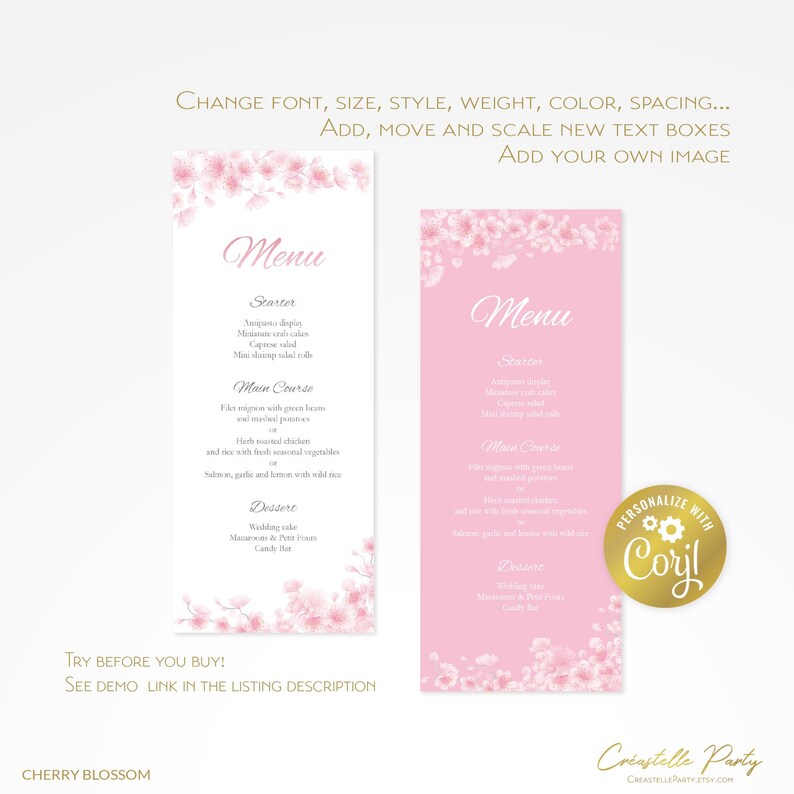 Cherry Blossom Wedding Menu Template, Editable 3.75x9 + 5x7 Menus ...