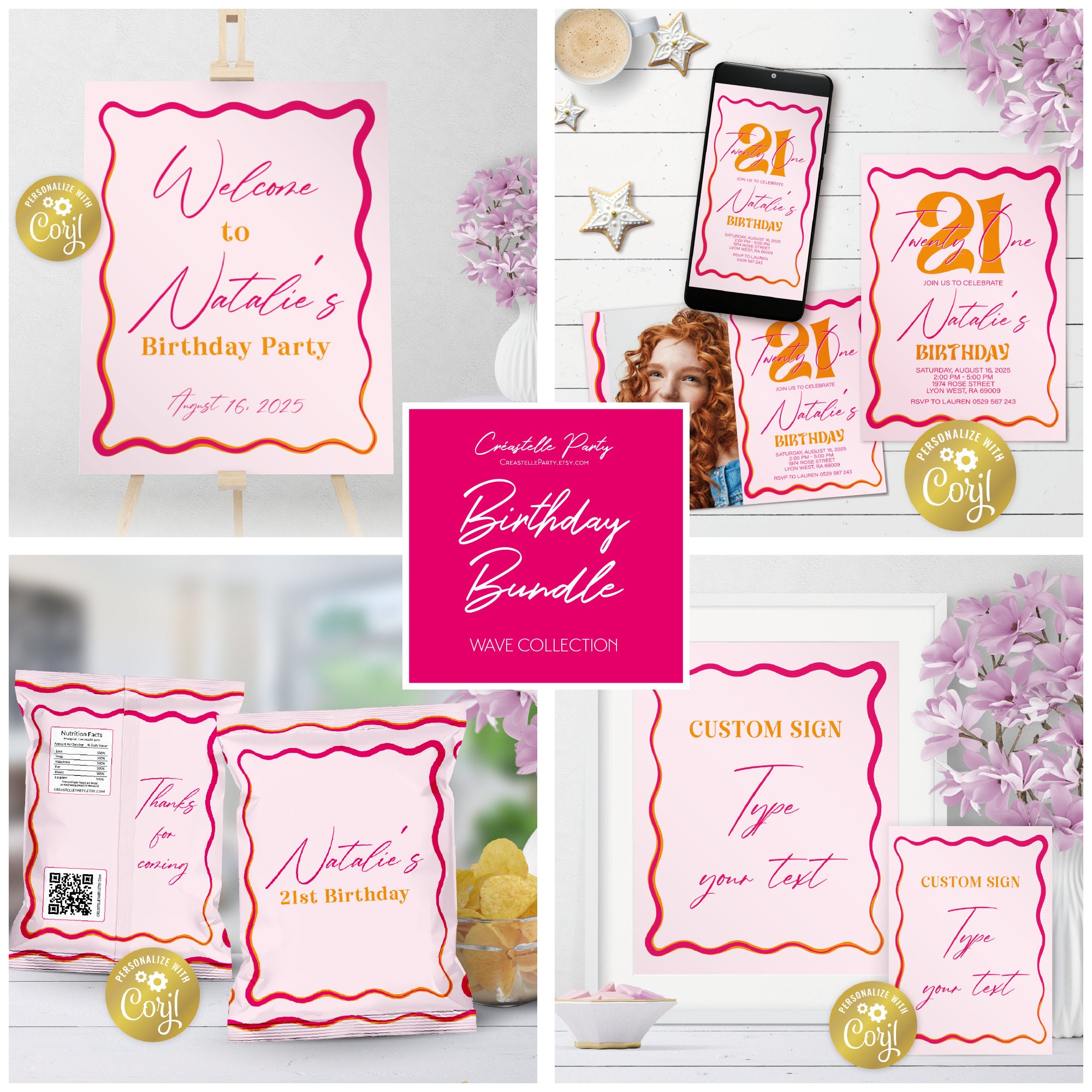 Wavy Editable Party Decoration Package, Pink & Orange Birthday ...