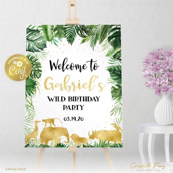 Gold jungle animals welcome sign, safari party editable sign, printable ...