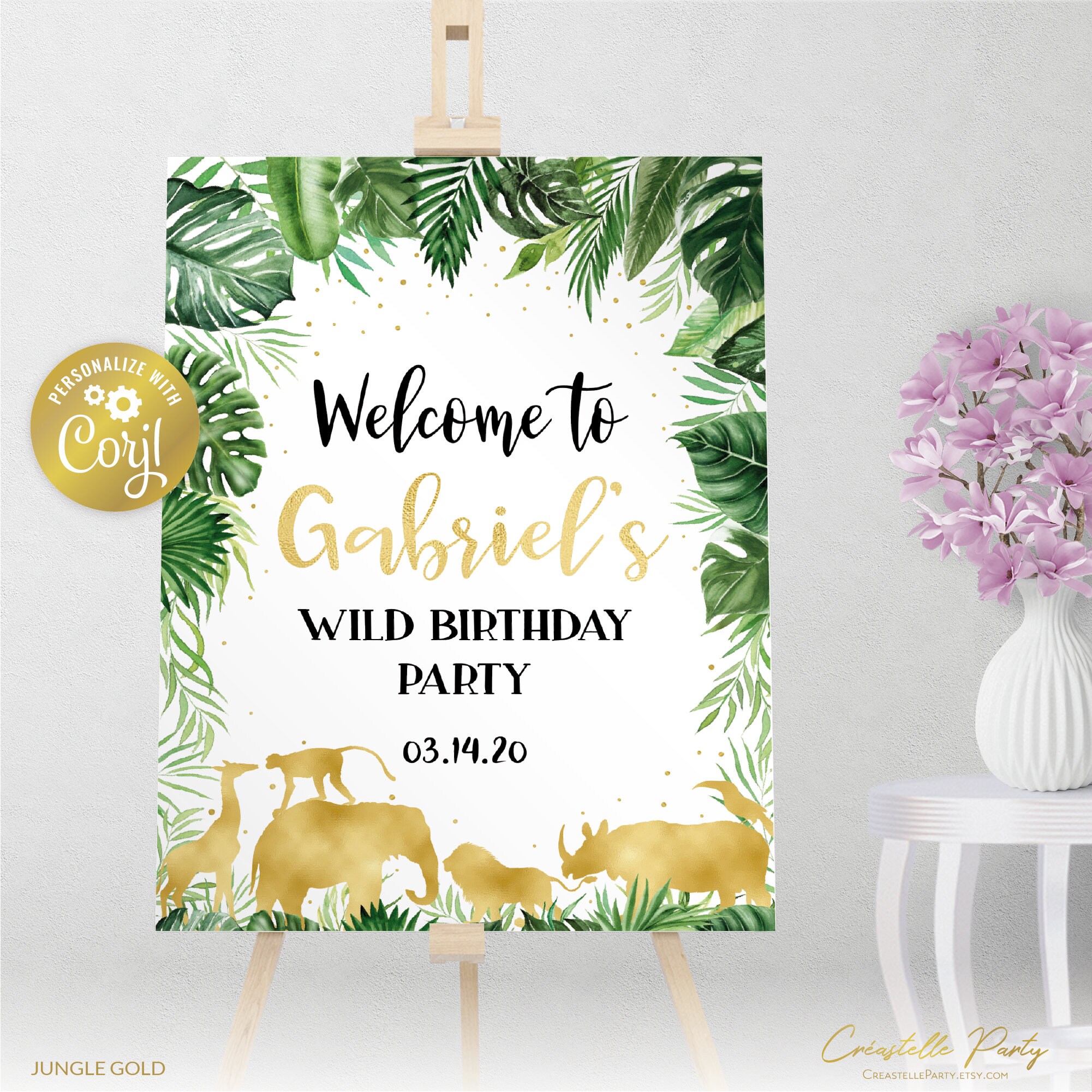 Paper & Party Supplies Editable gold jungle animals party sign set edit ...