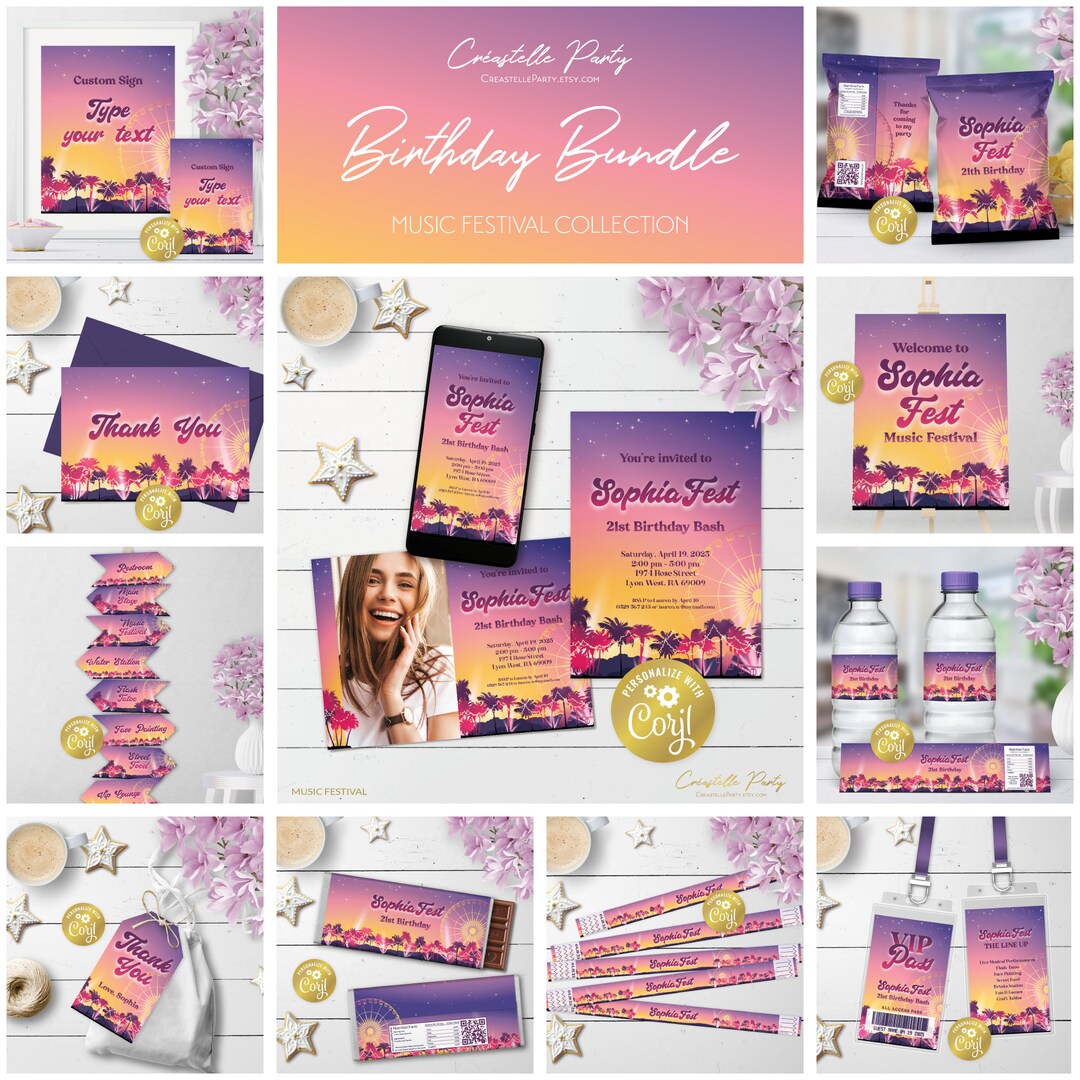 Music Festival Editable Party Decoration Package, VIP Birthday ...