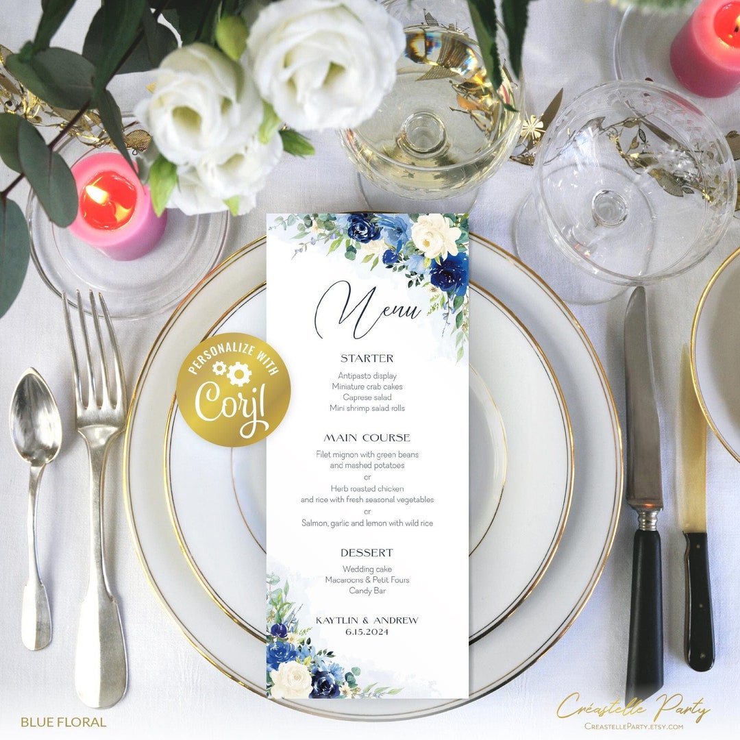 Blue Floral Wedding Menu Template, Editable 3.75x9 + 5x7 Menus, Digital ...
