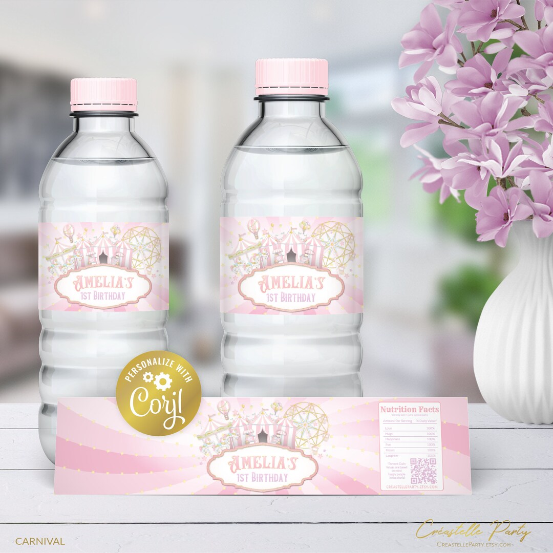 Carnival Editable Water Bottle Label, Big Top Birthday Label, Girly ...