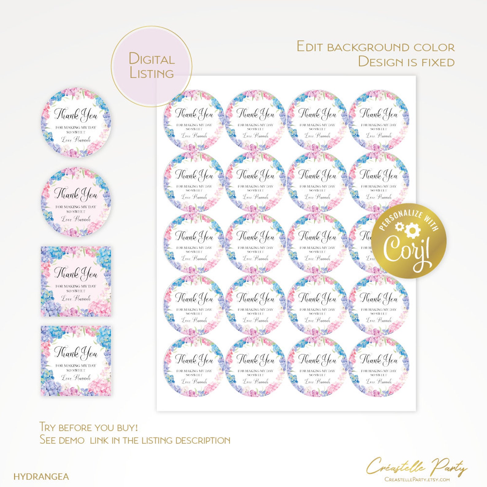Hydrangea Editable Party Decor Package, Watercolor Floral Printable ...