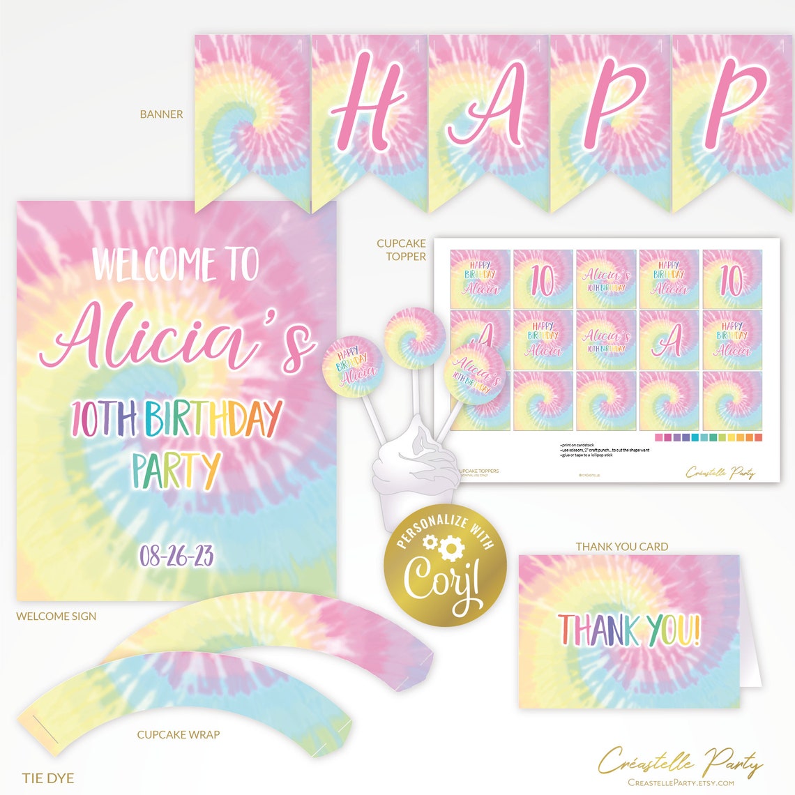 Tie Dye Editable Party Decor Package Light Pastel Rainbow - Etsy