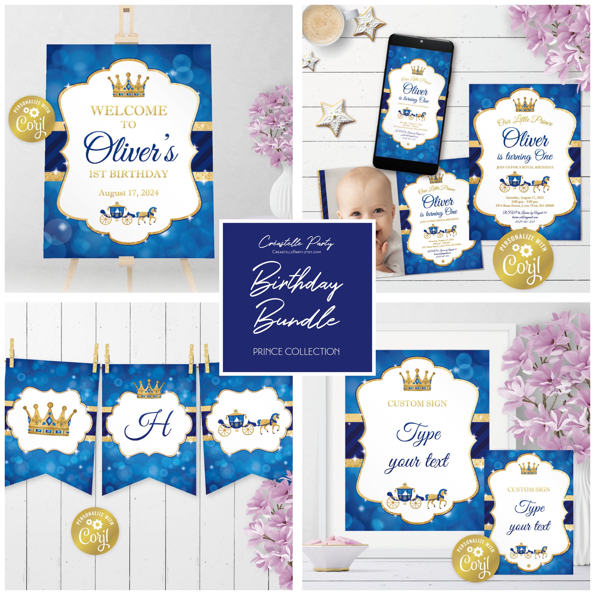 Prince Editable Party Decor Package, Royal Crown Printable, Gold and ...