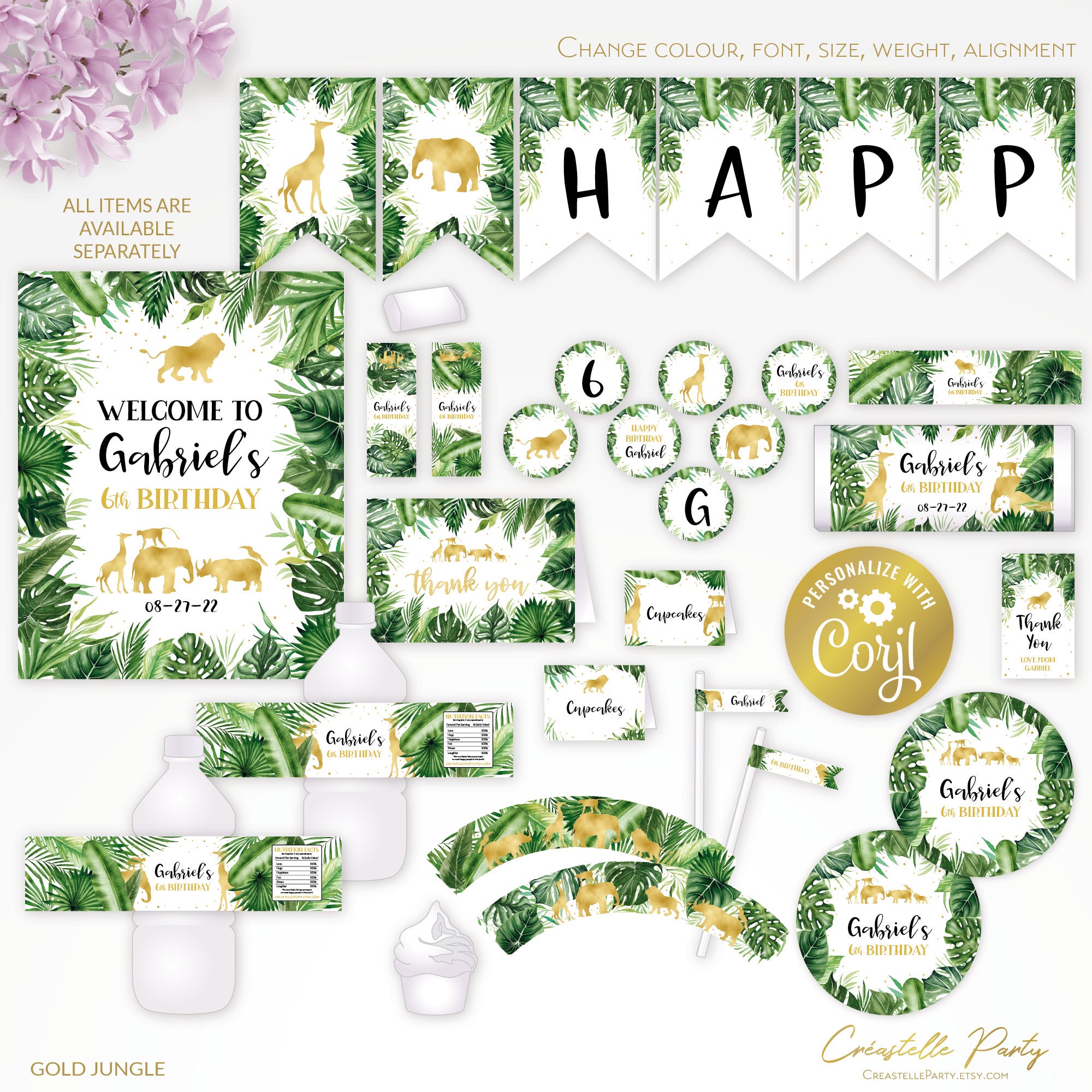 Paper & Party Supplies Editable gold jungle animals party sign set edit ...