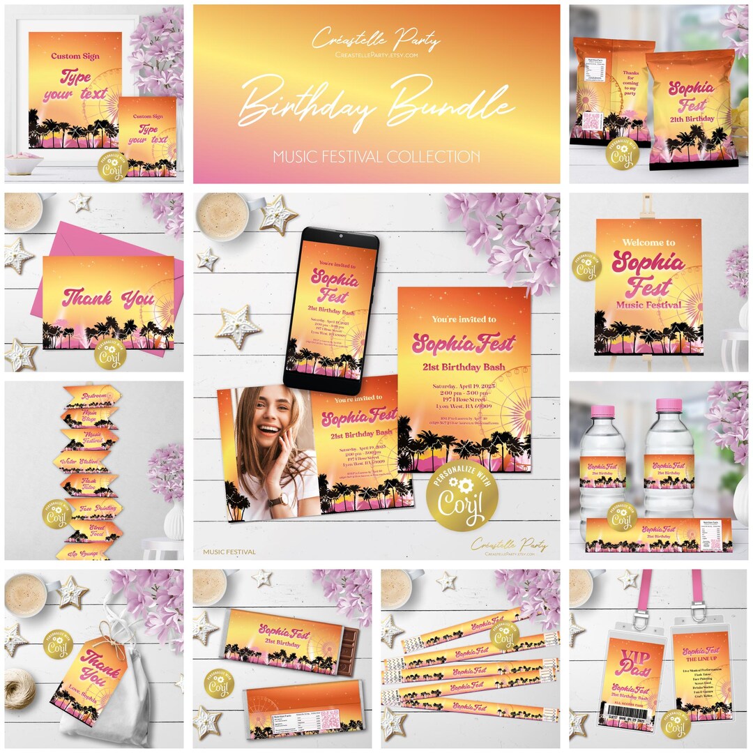 Music Festival Editable Party Decoration Package, VIP Birthday ...