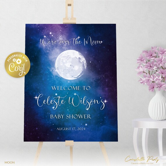 Moon welcome sign, night sky editable sign, over the moon party ...
