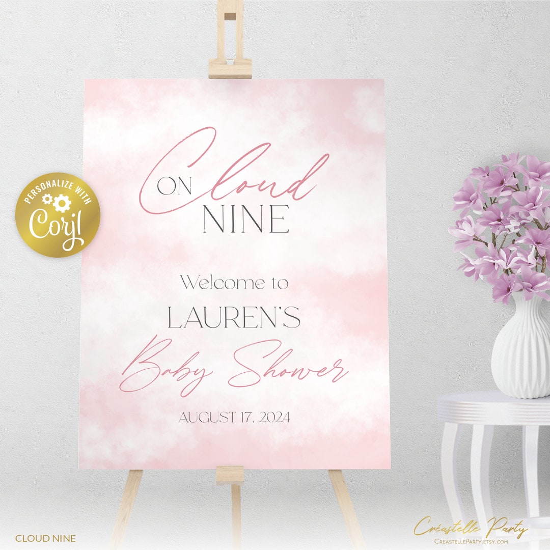 Cloud Nine Welcome Sign, Sky Editable Sign, Pink Girl Baby Shower ...