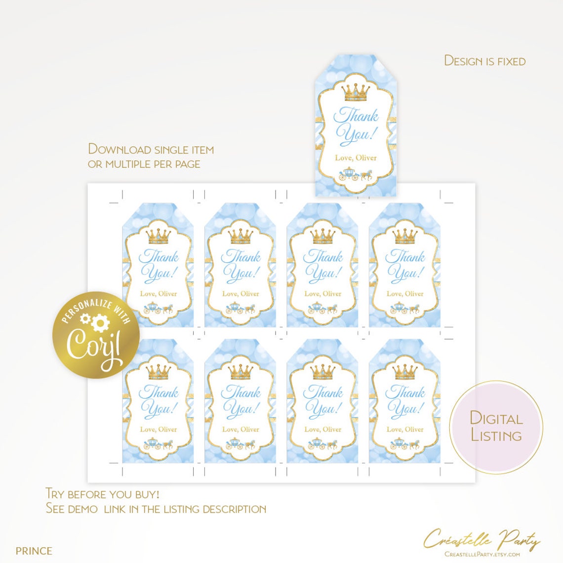 Prince Editable Favor Tag, Royal Crown Birthday Label,gold & Sky Blue ...