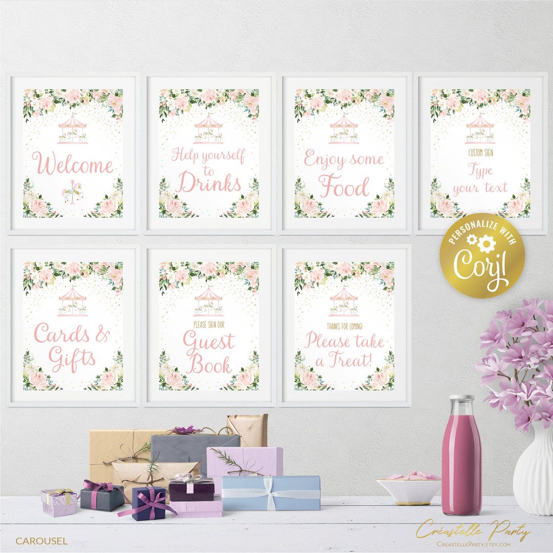 Party Sign Set Carousel Signs Pink Floral Party Signs Party - Etsy