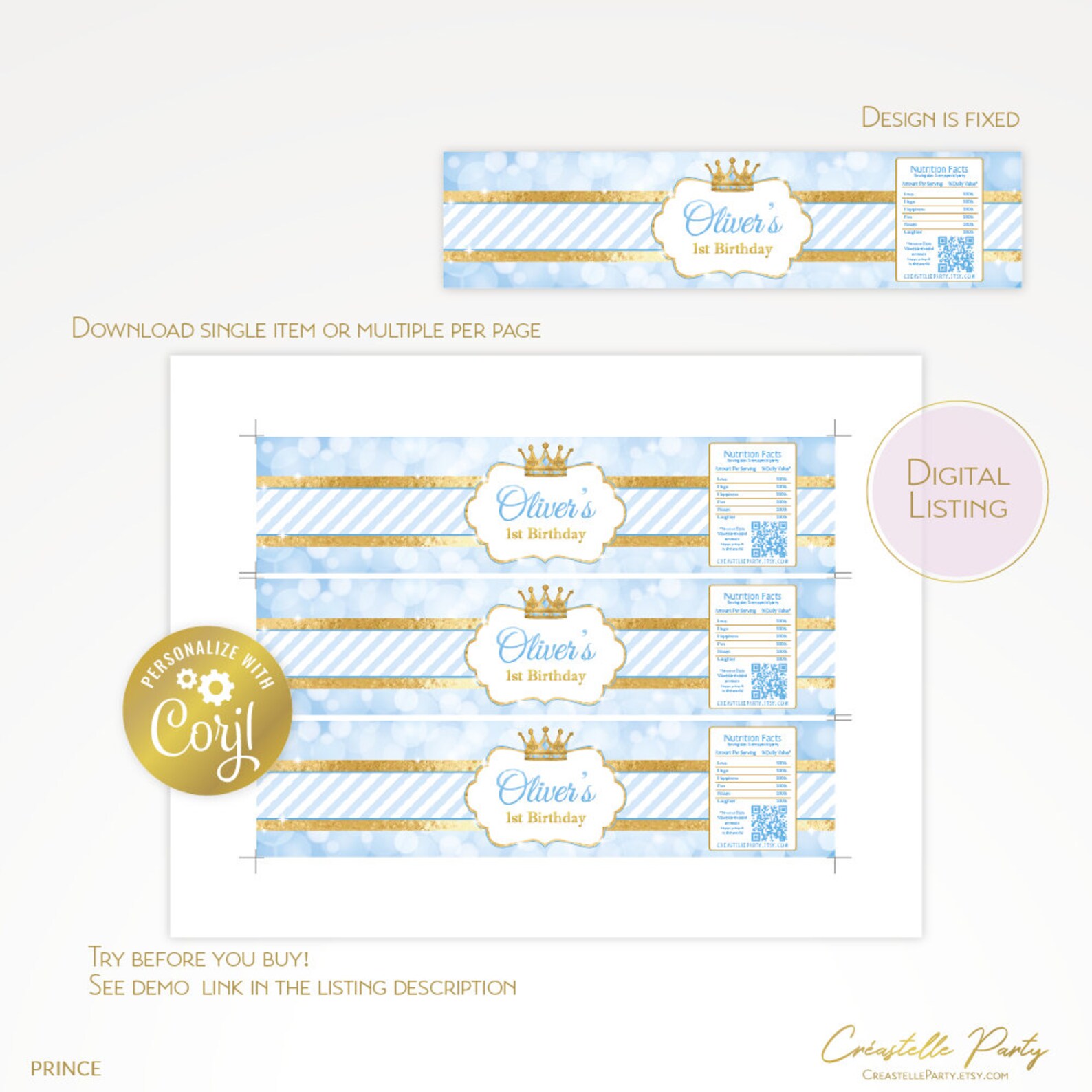 Prince Editable Water Bottle Label, Royal Crown Birthday Label,gold and ...