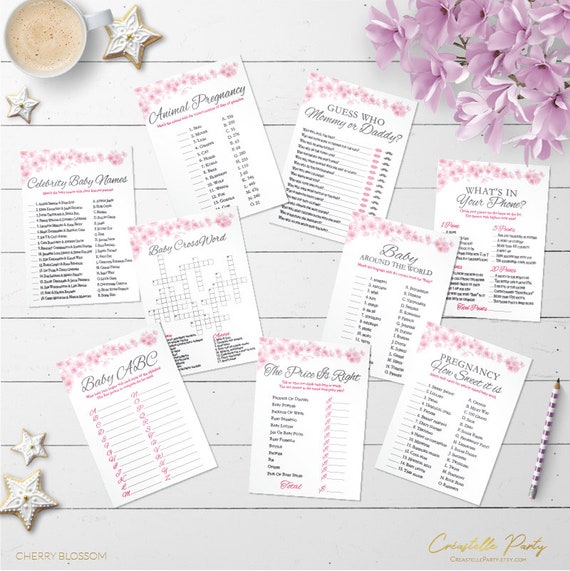 Cherry blossom baby shower printable games package 3, pink floral ...
