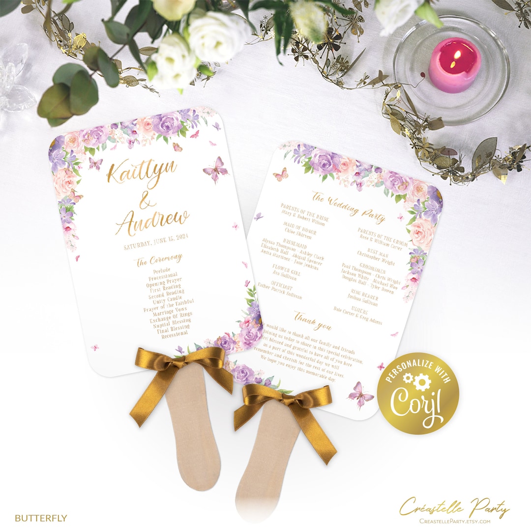 Butterfly Wedding Program Template, Gold and Lavender Editable 5"x7 ...