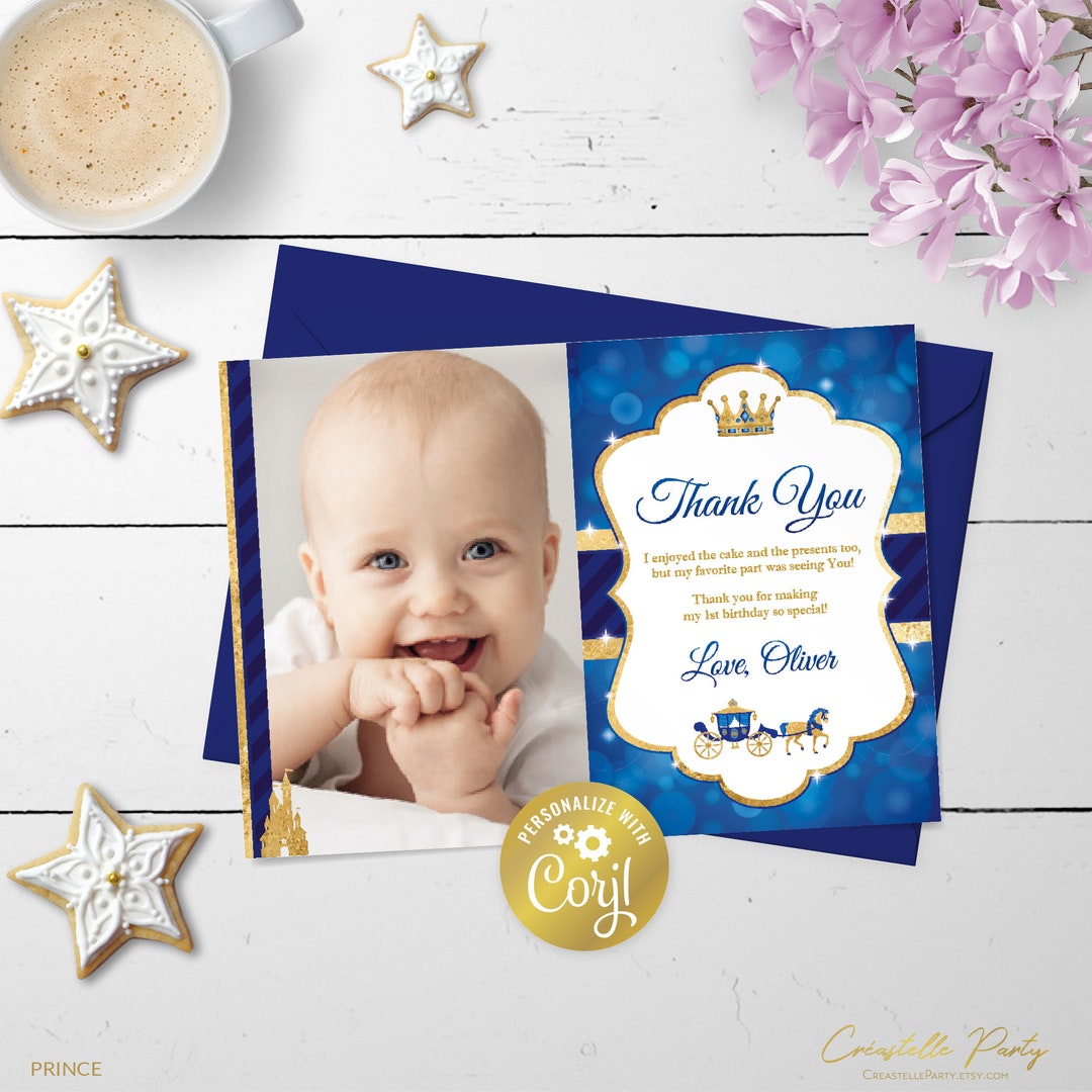 Prince Editable Thank You Card, Royal Crown Digital Party Photo Card ...