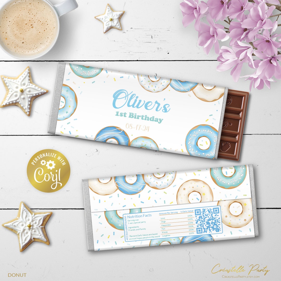 Donut Editable Chocolate Bar Wrapper, Sweet One Birthday Snacks Label ...