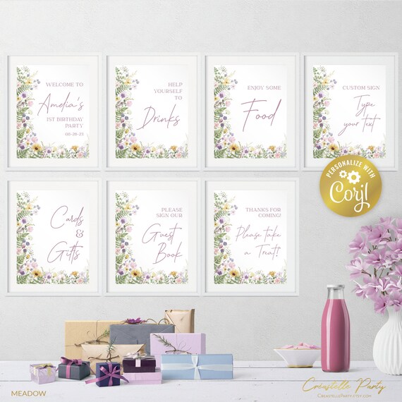 Party sign set, editable meadow signs, delicate wild flowers signs ...