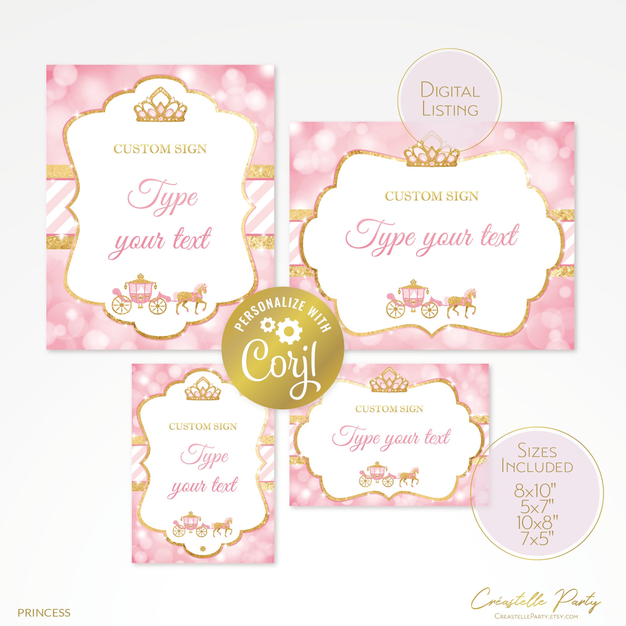 Princess Party Sign Set, Royal Crown Printable Signs, Gold and Pink ...