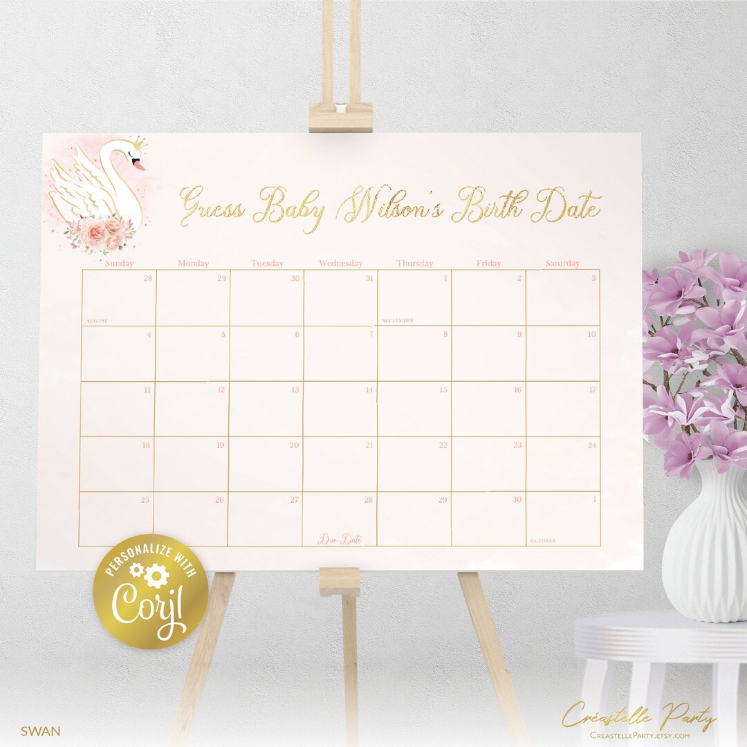 Swan Princess Due Date Calendar Sign, Blush Pink, Gold Guess the ...