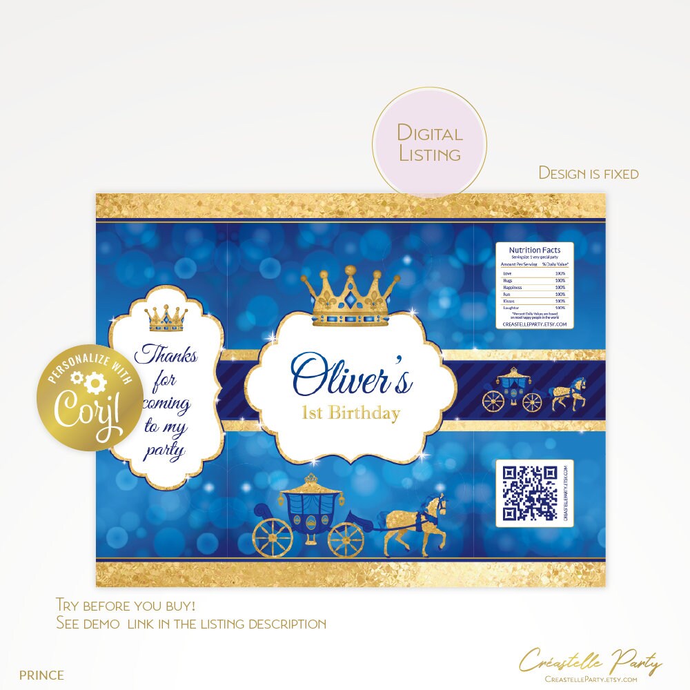 Prince Editable Party Treats Package, Royal Crown Birthday Snacks Label ...