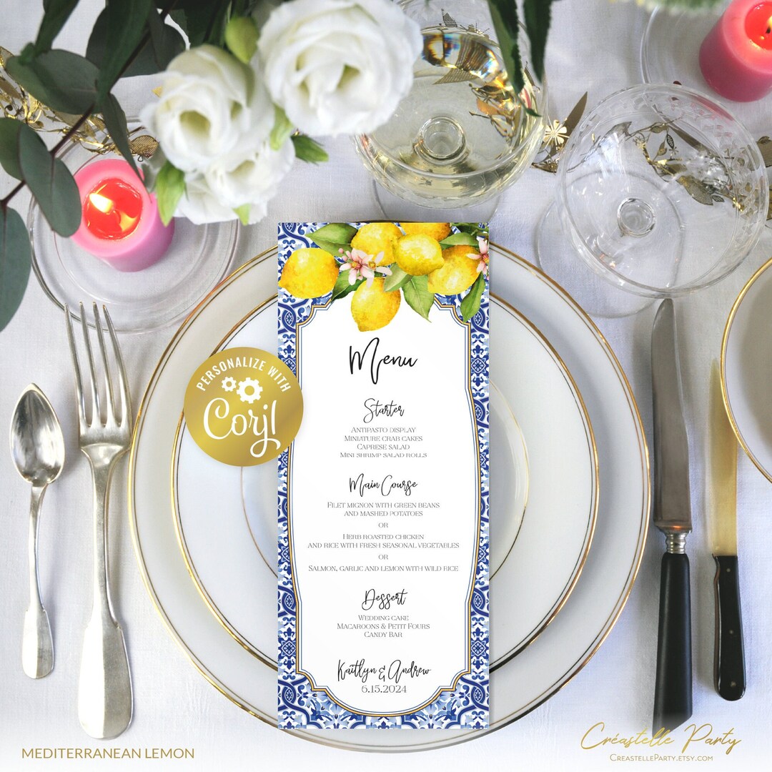 Mediterranean Lemon Wedding Menu Template, Editable 3.75x9 + 5x7 Menus ...