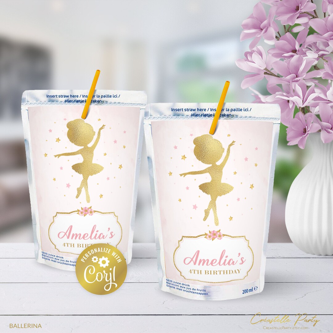 Ballerina Editable Juice Pouch Label, Pink and Gold Ballet Birthday ...