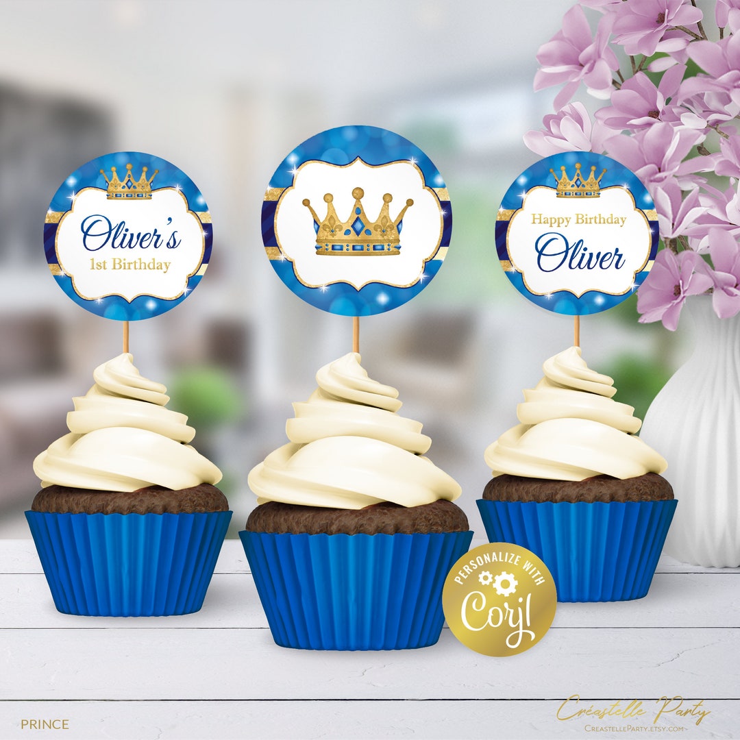 Prince Editable Cupcake Toppers, Royal Crown Birthday Label, Navy Blue ...