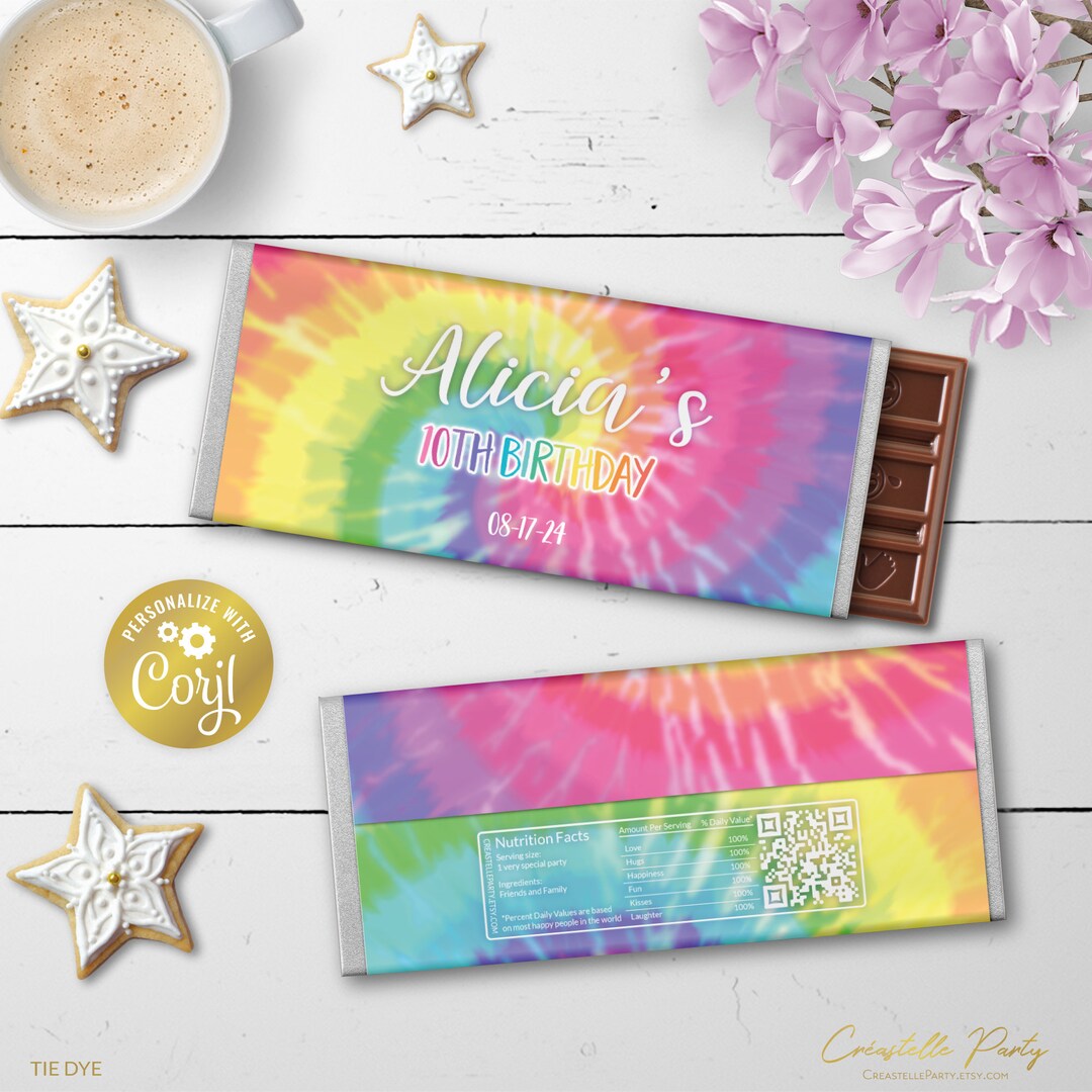 Tie Dye Editable Chocolate Bar Wrapper, Pastel Rainbow Spiral Birthday ...