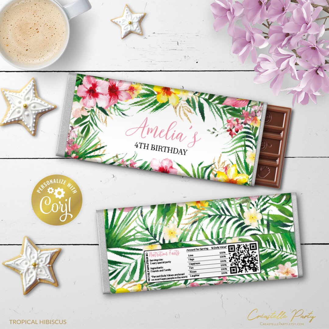 Tropical Floral Editable Chocolate Bar Wrapper, Hawaiian Flowers ...