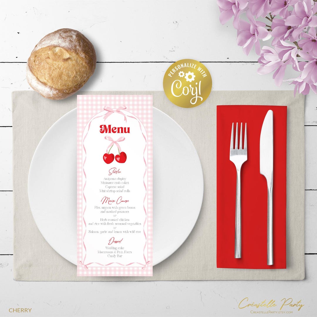 Cherry Pink Menu Template, Editable 3.75x9 + 5x7 Menus, Digital Pretty ...