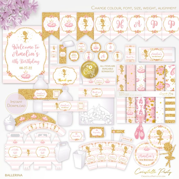 Ballerina editable party decor package, pink and gold ballet printable ...