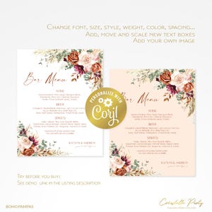 Boho Pampas Bar Menu Wedding Sign Template, Terracotta Floral Editable ...