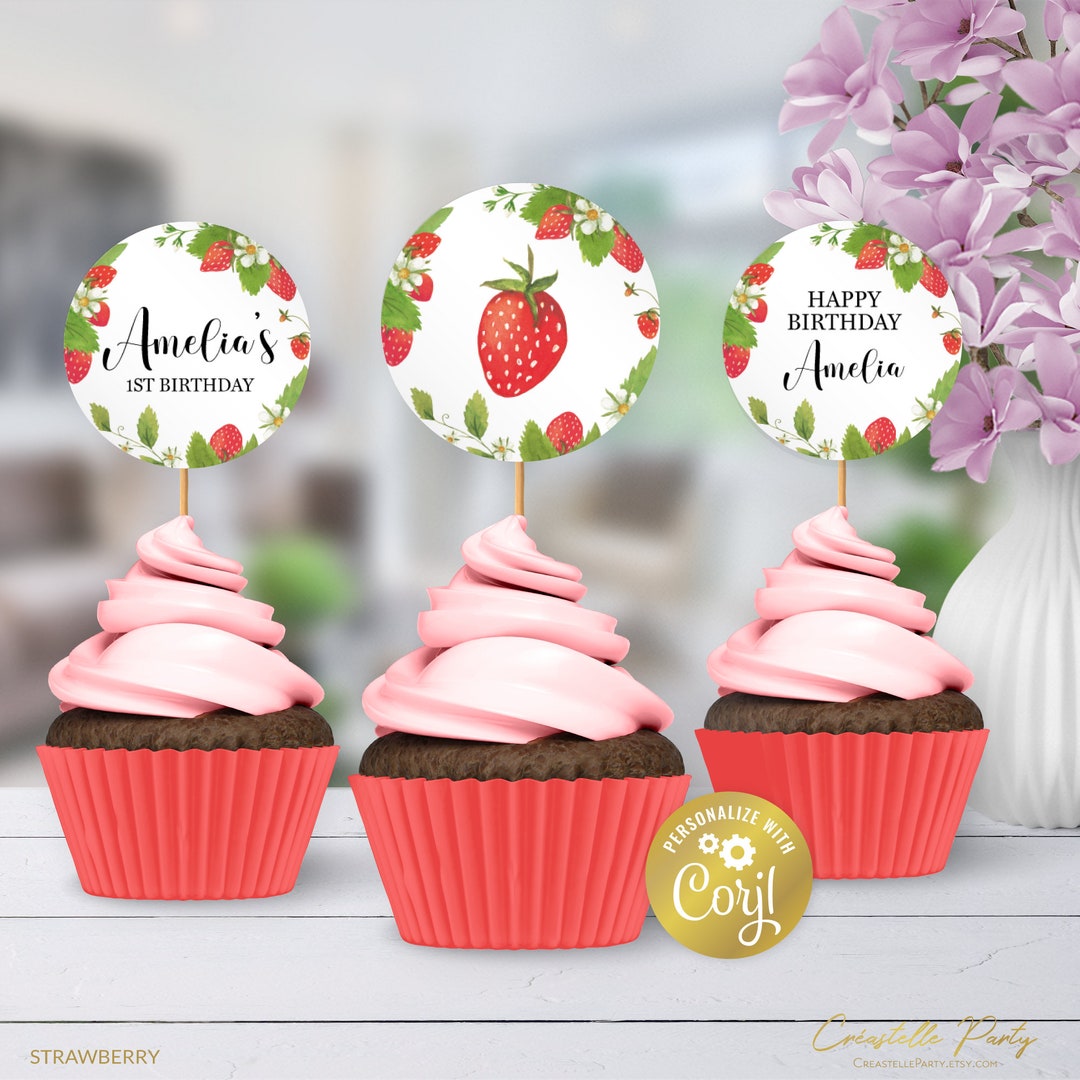 Strawberry Editable Cupcake Toppers, Berry First Birthday Label, Sweet ...