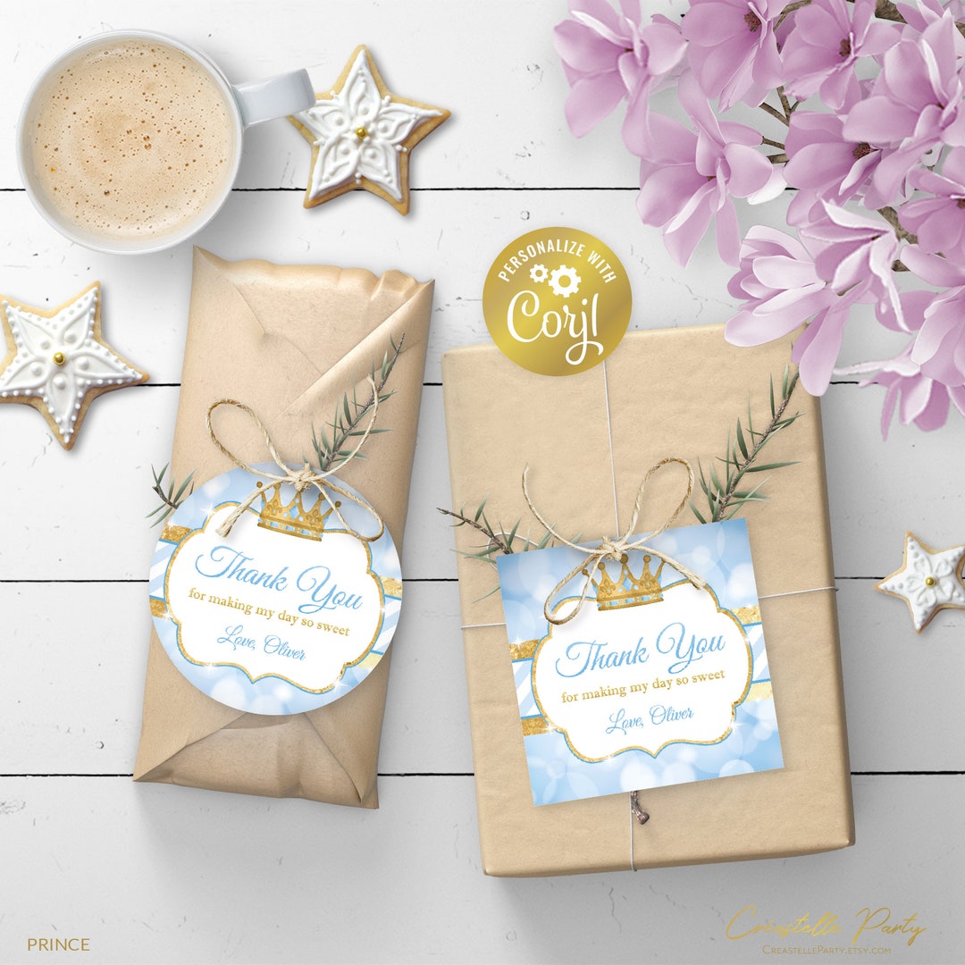 Prince Editable Favor Tag, Royal Crown Birthday Label, Gold & Sky Blue ...
