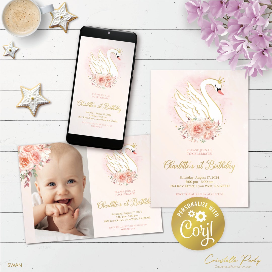 Swan Princess Invitation, Editable Blush Pink and Gold Birthday Digital ...