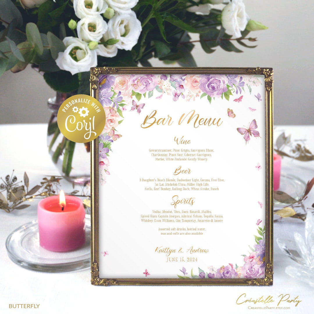 Butterfly Bar Menu Wedding Sign Template, Gold and Lavender Editable ...