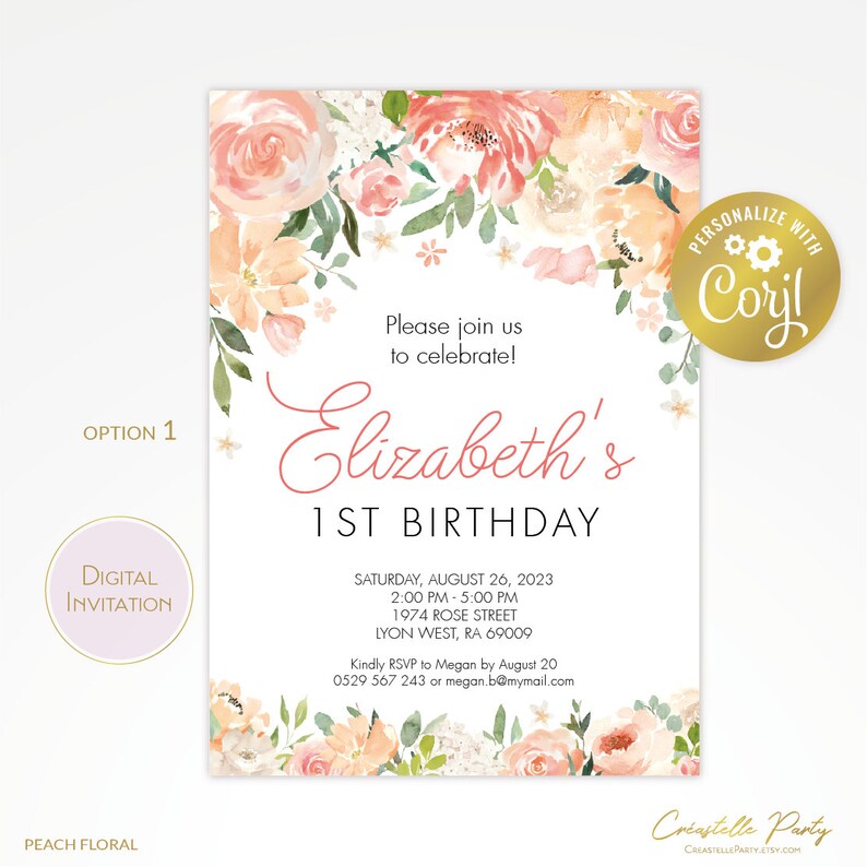 Peach Floral Invitation, Editable Peach Blush Cream Birthday Digital ...