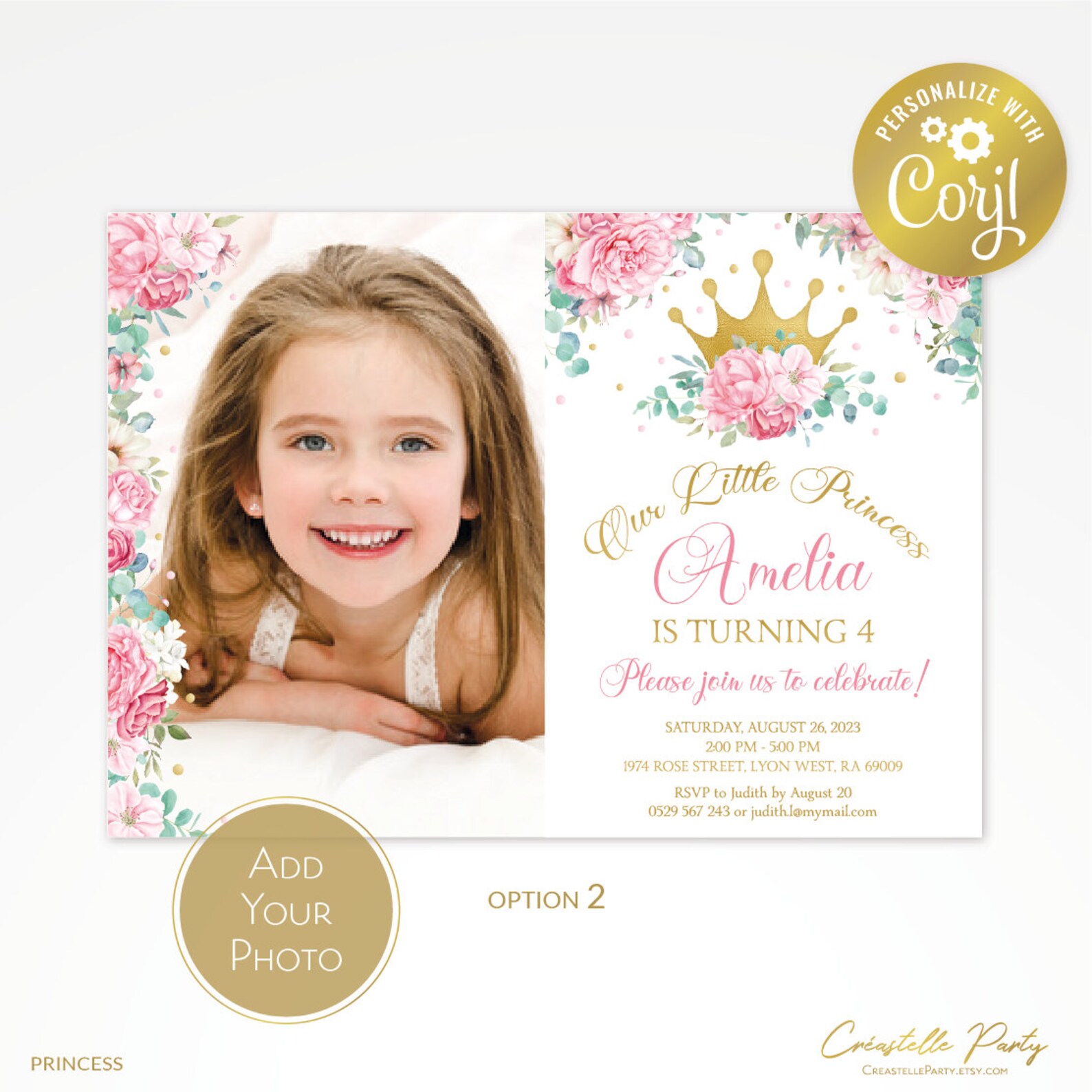 Editable Princess Invitation Royal Crown Printable Pink and - Etsy