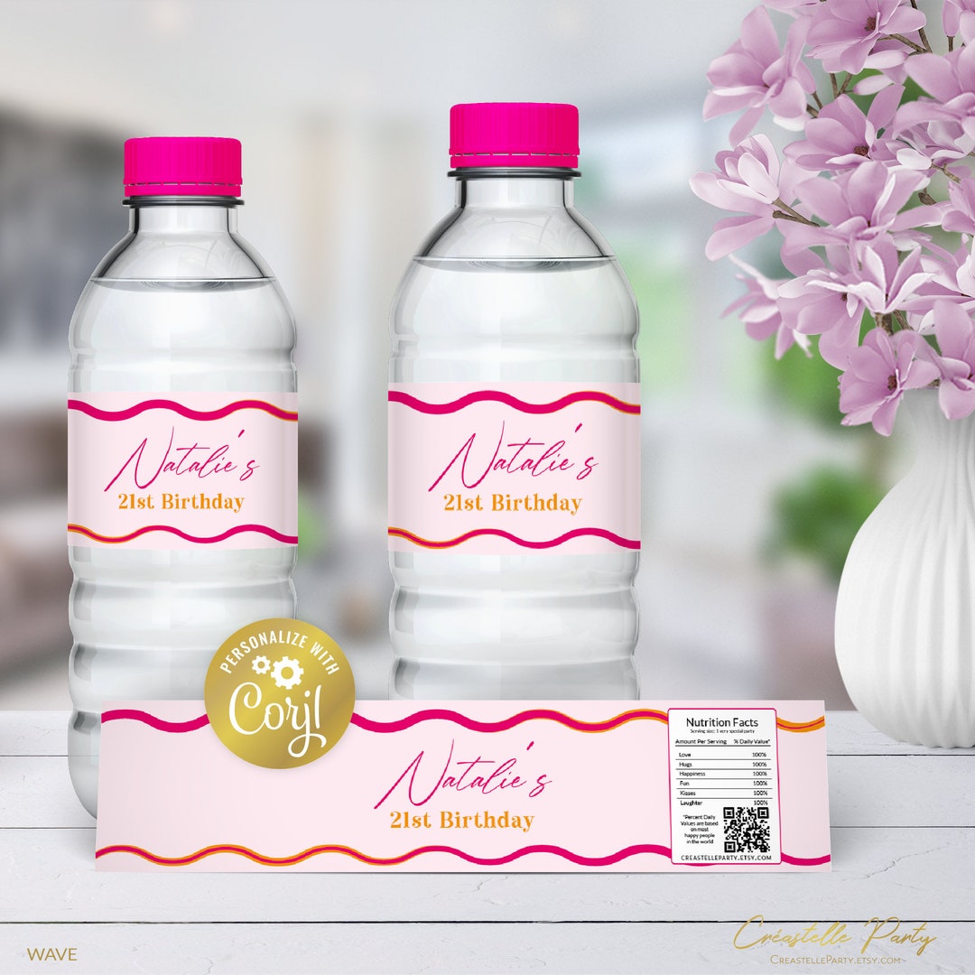 Wavy Editable Water Bottle Label, Pink, Orange Birthday Label, Retro ...