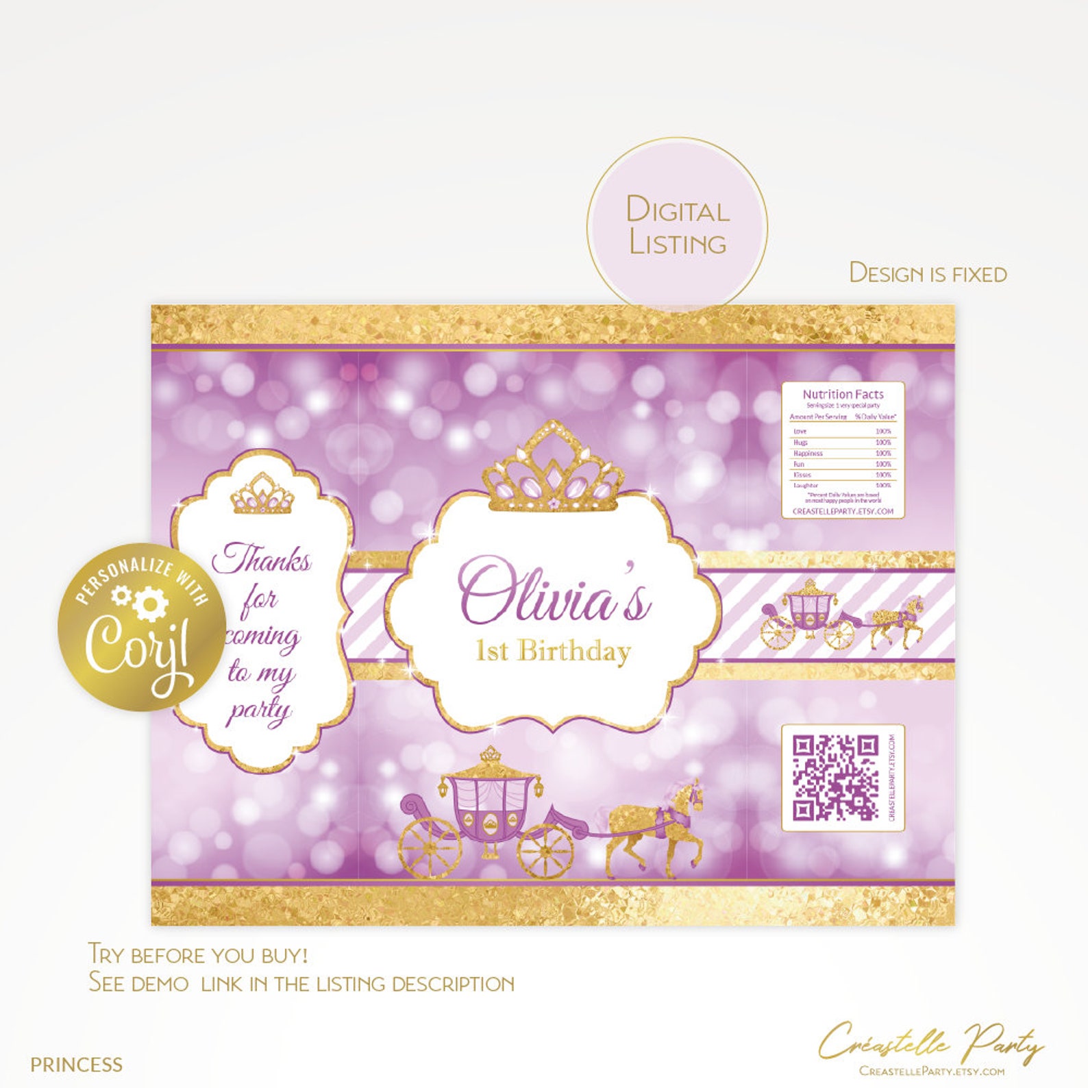 Princess Editable Chip Bag Wrapper, Royal Crown Birthday Snacks Label ...