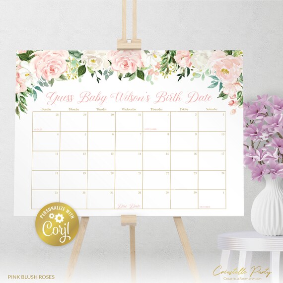 Blush roses due date calendar sign, guess the arrival date, baby's ...