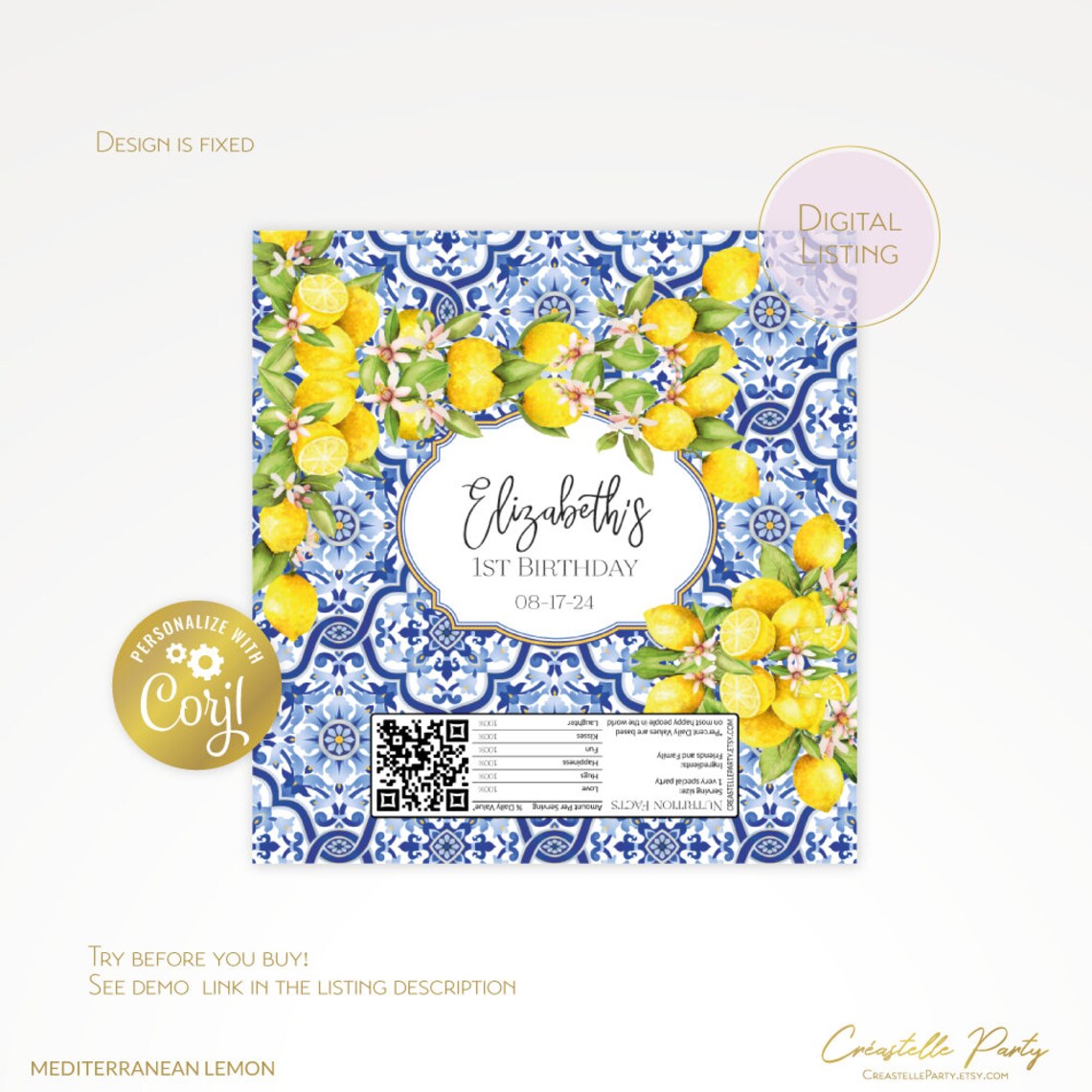 Mediterranean Lemon Editable Chocolate Bar Wrapper, Azulejos Blue Tile ...